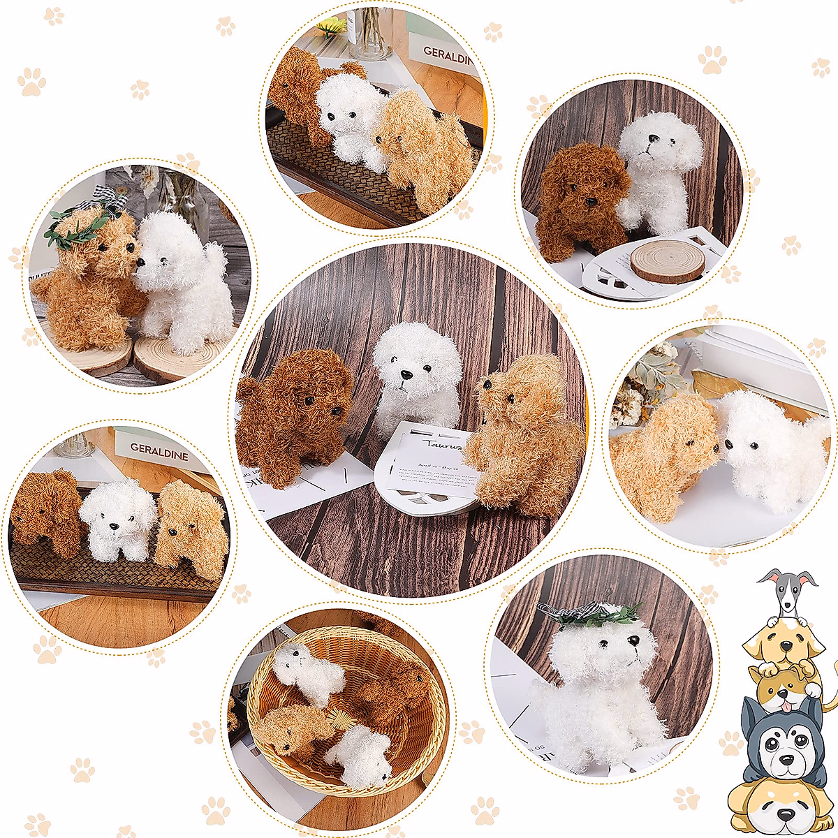 Sumind 9 Pcs Valentine Mini Plush Dog Stuffed Animals Bulk Dog Plush Party Favors Small Soft Plush Dog Toy for Easter Goodie Bag Fillers Baby Show Birthday(Curly Puppy)