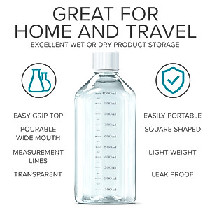 G6 Scientific 1000 ml Plastic Reagent Bottle 4-Pack Laboratory Chemical Storage - Clear Graduated Square Polycarbonate Plastic Leakproof Bottles