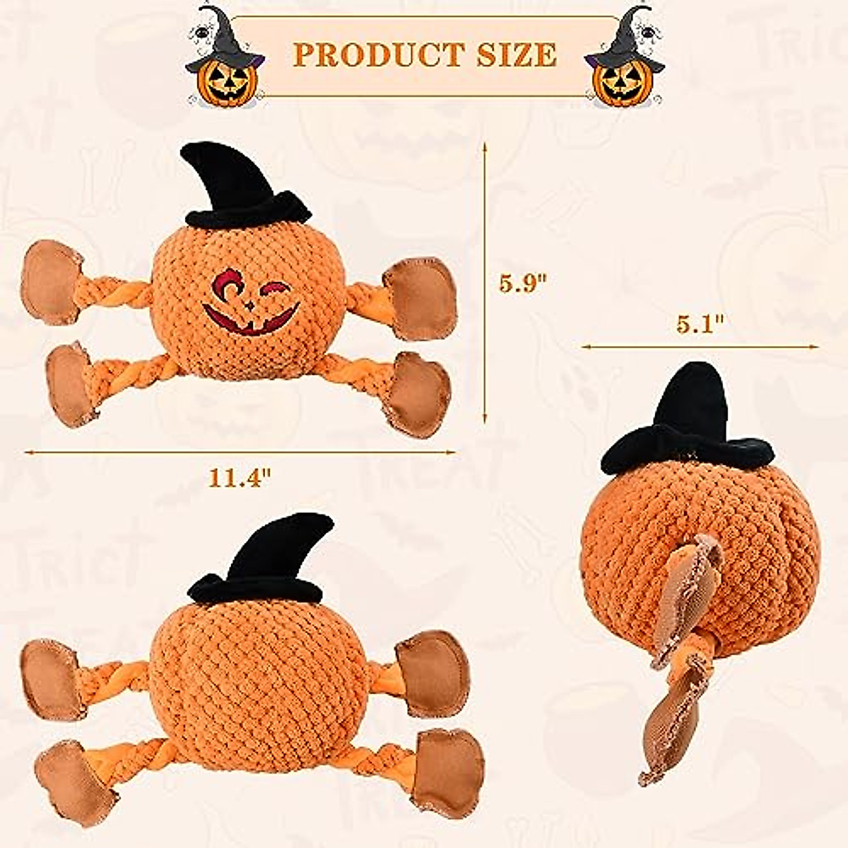 Vehomy Halloween Dog Squeaky Toy Dog Halloween Pumpkin Teething Toy Pet Dog Chew Toy Puppy Tug of War Toys Pet Interactive Dog Toy for Small Medium Dogs