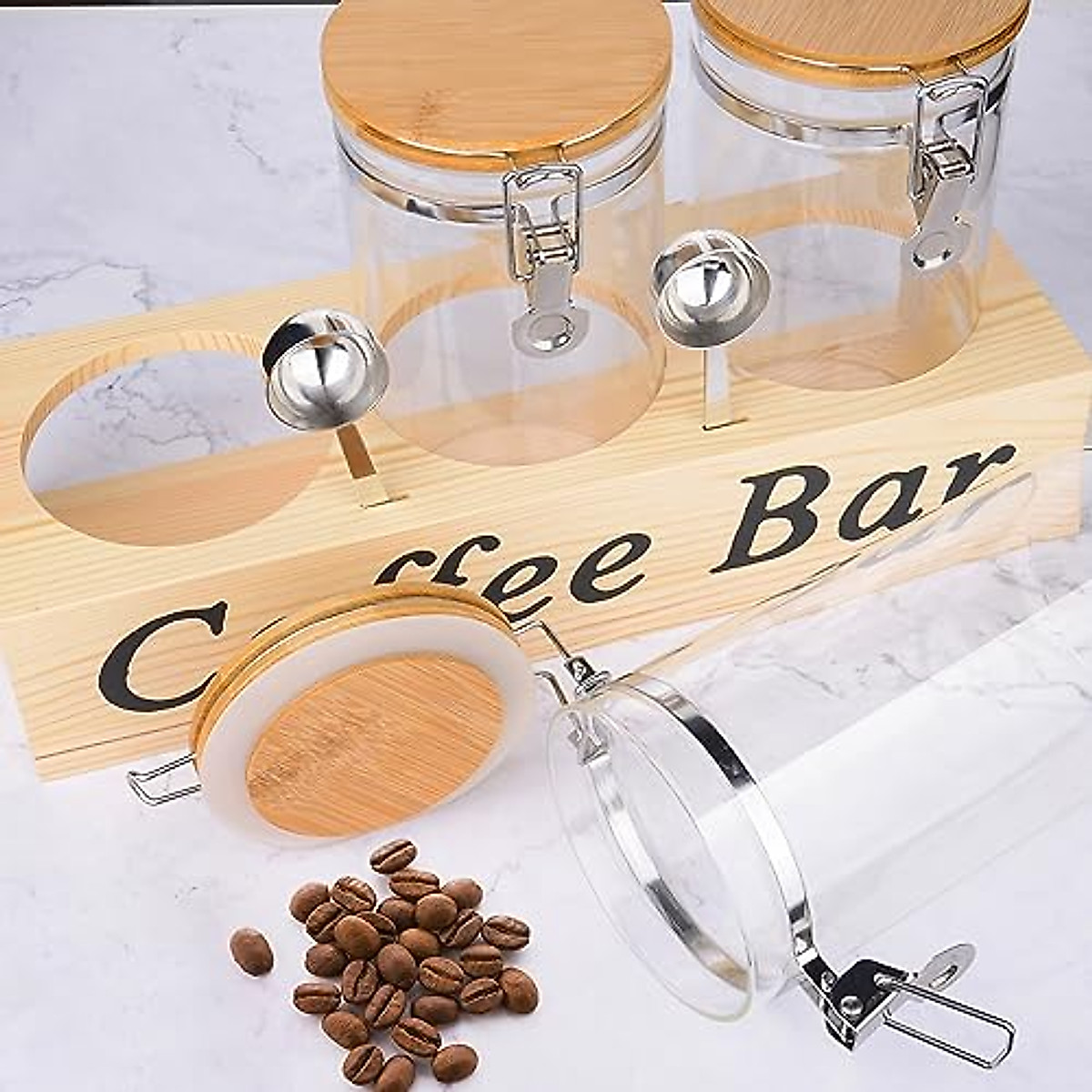 3 PCS Coffee Container for Ground Coffee with Scoop Wood Station, Glass Coffee Bean Canister Organizer with Airtight Lids, Coffee Storage Canister Jar for Sugar Tea