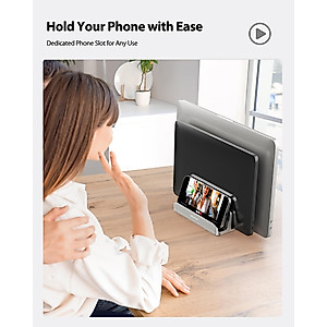 AboveTEK Vertical Laptop Stand 3 Slots for Computer, Tablet, Phone - Fits All Laptop Models (up to 17.3") - Heavy Duty Polished Aluminum Desktop Holder - Anti Slide Silicone Grips - Silver