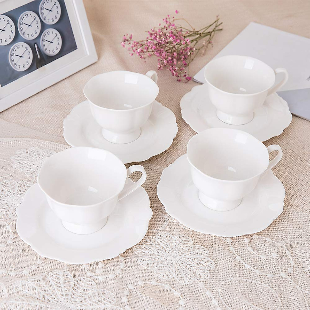PULCHRITUDIE Fine China White Coffee Teacup and Saucer Sets, Set of Four
