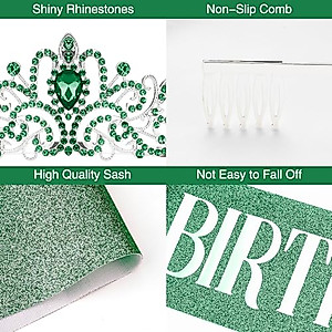Green Tiara Sash Gifts with Rhinestone Crystal Headband - Princess Queen Crown Decorations and Accessories for Women