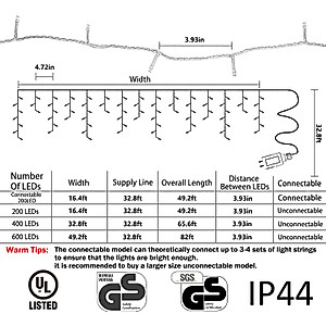 gresonic LED Icicle Lights Christmas Lights,49.2Ft 600 LEDs with 120 Drops Waterproof Fairy String Lights Plug in Outdoor Indoor Bedroom Patio Yard Garden Wedding Party Holiday Wall(Cool White)