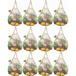 12 Pieces Reusable Mesh Grocery Bags Portable Cotton Mesh Produce Bags Washable Net Bag Mesh Reusable Tote Bag with Handle String Shopping Organizer Bag for Fruit Vegetable Shopping Storage Market