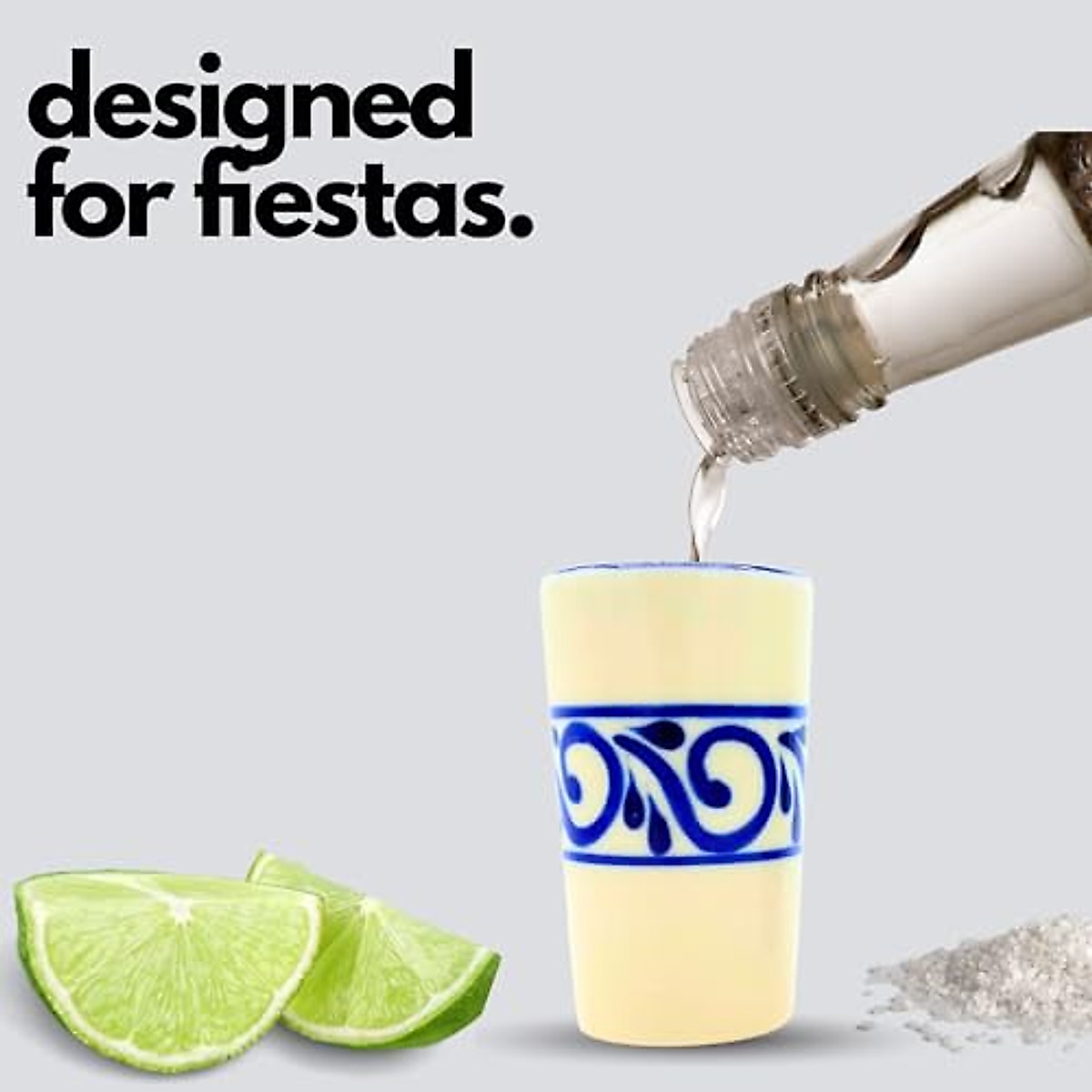 Casa Fiesta Designs Mexican Shot Glasses, Tequilero Mexicano - Hand-painted in Mexico - Great for Tequila, Mezcal and Sangrita, 2 oz set of 2 - Tequilero Colonial White Flores Entre Lineas