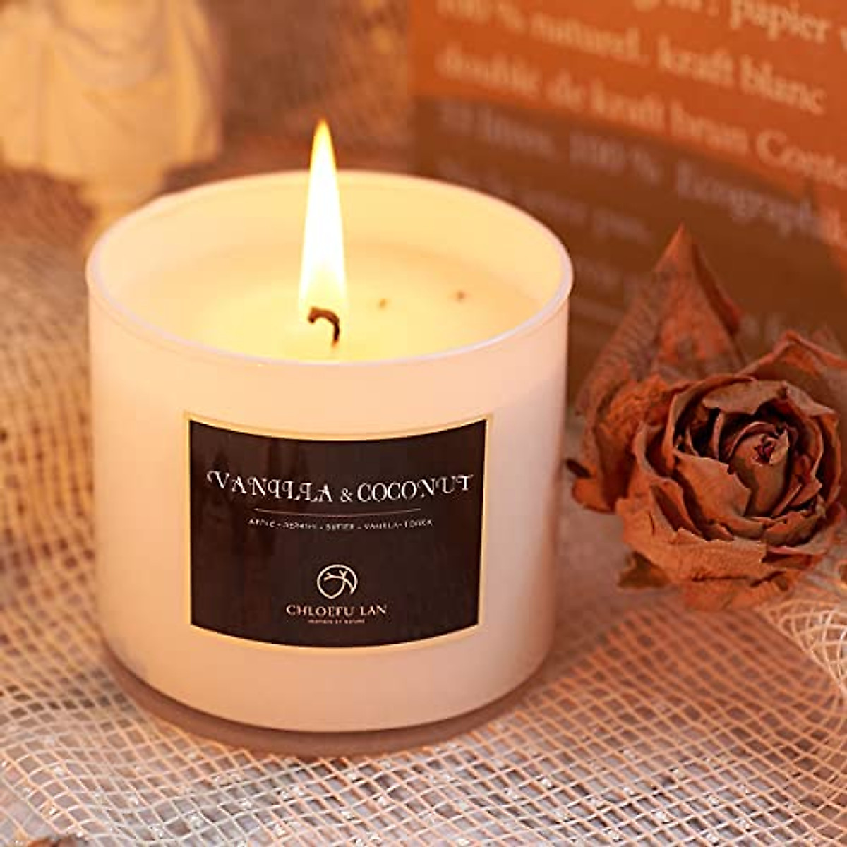 Chloefu LAN Vanilla & Coconut Scented Candle Sets Luxury Soy Jar Candle 7.1oz|45 Hour Long Lasting Burn Highly Scented Valentines Gifts for Men & Women All-Natural Soy Wax Candle 2 Pack