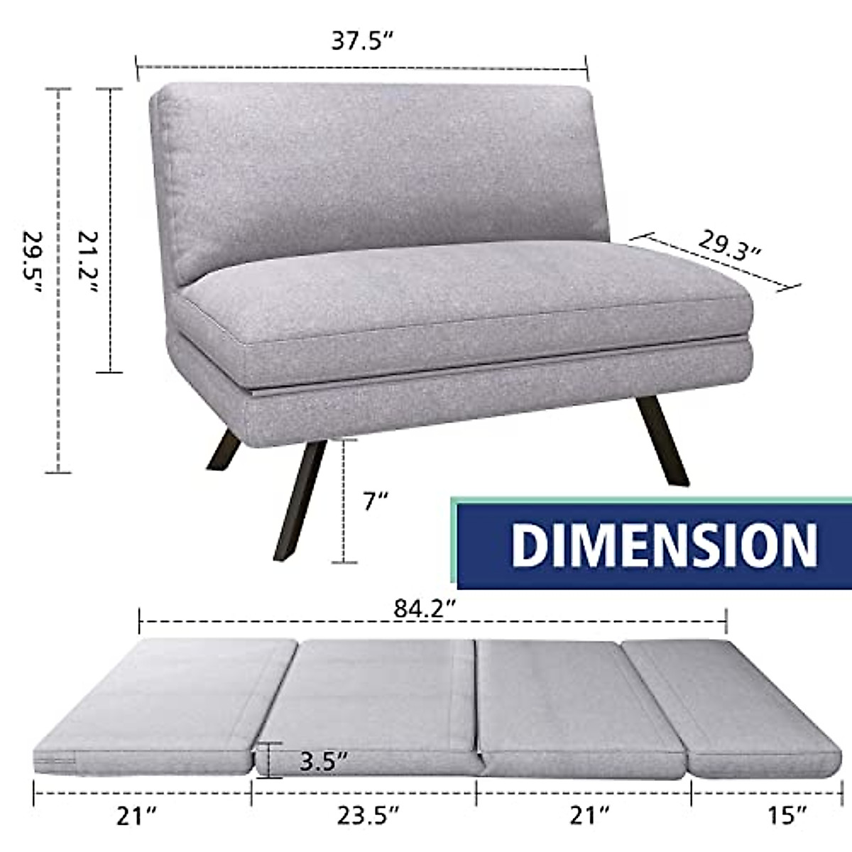 VANCIKI Convertible Sofa Bed Twin Living Room Couch Futon Chair Adjustable Backrest Foldable Floor Sleeper for Small Room, Apartment, Guest Room, Gray