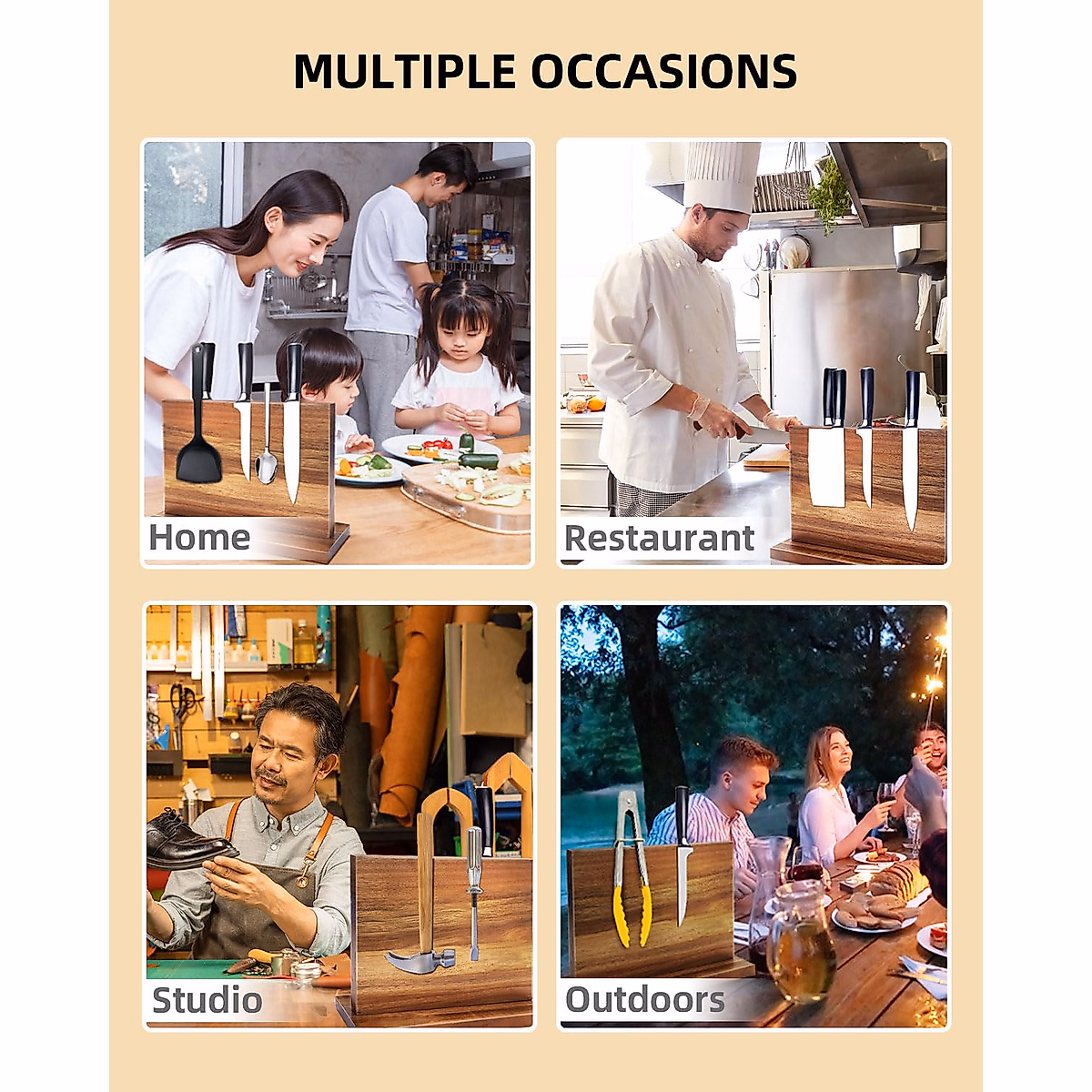 Magnetic Knife Holder Block Rack Double Sided Acacia Wooden Magnetic Knife Display Stand with Strong Enhanced Magnets for Kitchen Knife Counter Multifunctional Storage