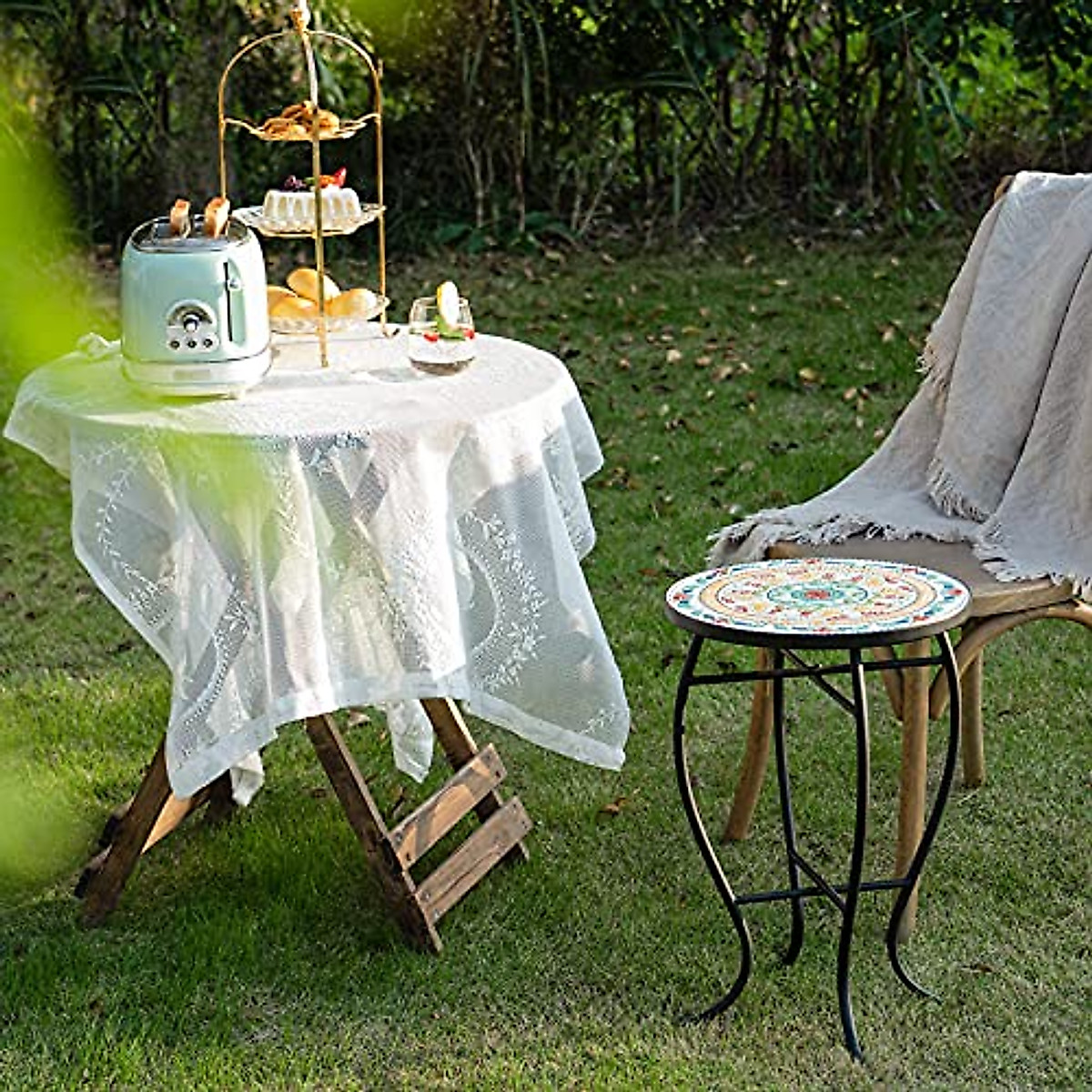 VONLUCE 21" Mosaic Plant Stand, 14 Inch Round Side Table with Ceramic Tile Top, Indoor and Outdoor Accent Table, Outdoor Patio Furniture, End Table for Garden Patio Living Room More, Floral