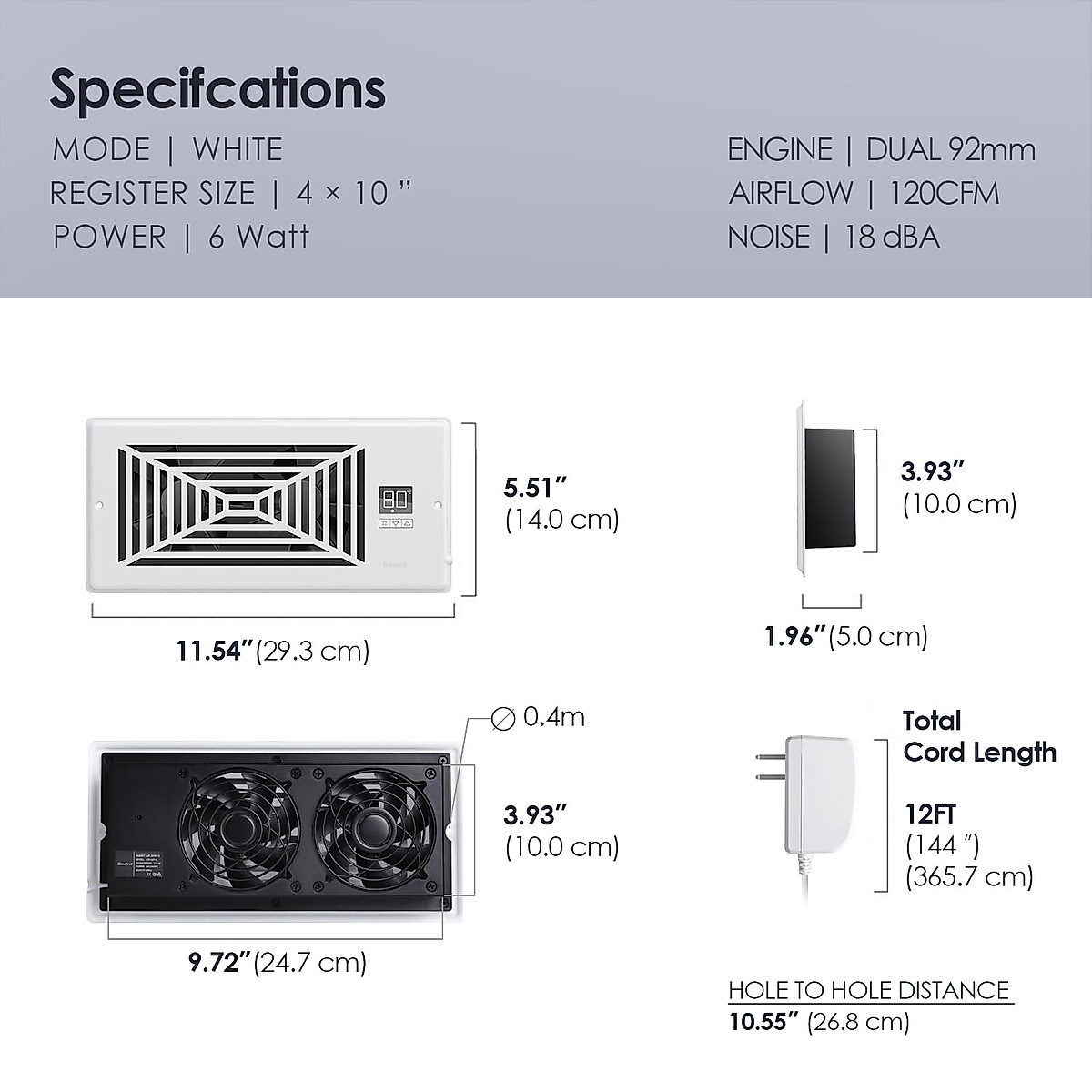 BIOWIND Quiet Register Booster Fan, Smart Register Vent Fits 4" x 10" Register Holes with Remote Control and Thermostat Control, Heating Cooling AC Vent Fan - White