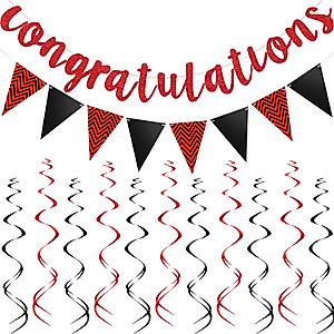 Glitter Congratulations Banner Triangle Flag Banner with 12 Pieces Hanging Swirls for Wedding Retirement Graduation Anniversary Party Decorations (Black, Red)