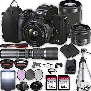 Canon EOS M50 Mark II Mirrorless Camera w/EF-M 15-45mm f/3.5-6.3 IS STM Lens + EF-M 55-200mm f/4.5-6.3 IS STM Lens + 500mm f/8 Focus Lens + 2X 64GB Memory + Case + Filters + Tripod +More (35pc Bundle)