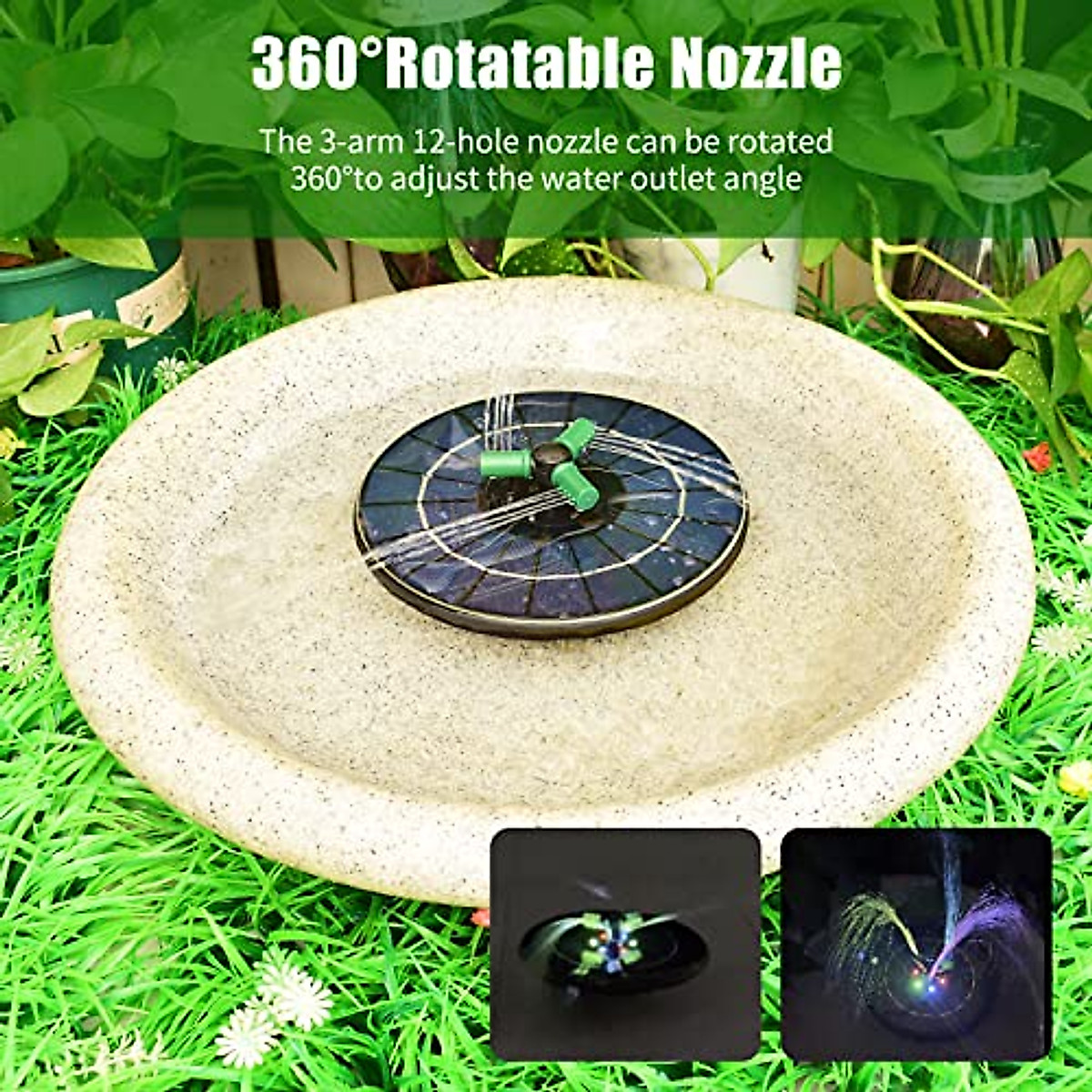 Kavolet Solar Fountain Pump with 360 Degrees Rotatable Nozzle, 4W RGB LED Solar Water Fountain, Battery Free Standing & uto-Shut Off, Water Pump for Bird Bath Garden Small Pond Outdoors