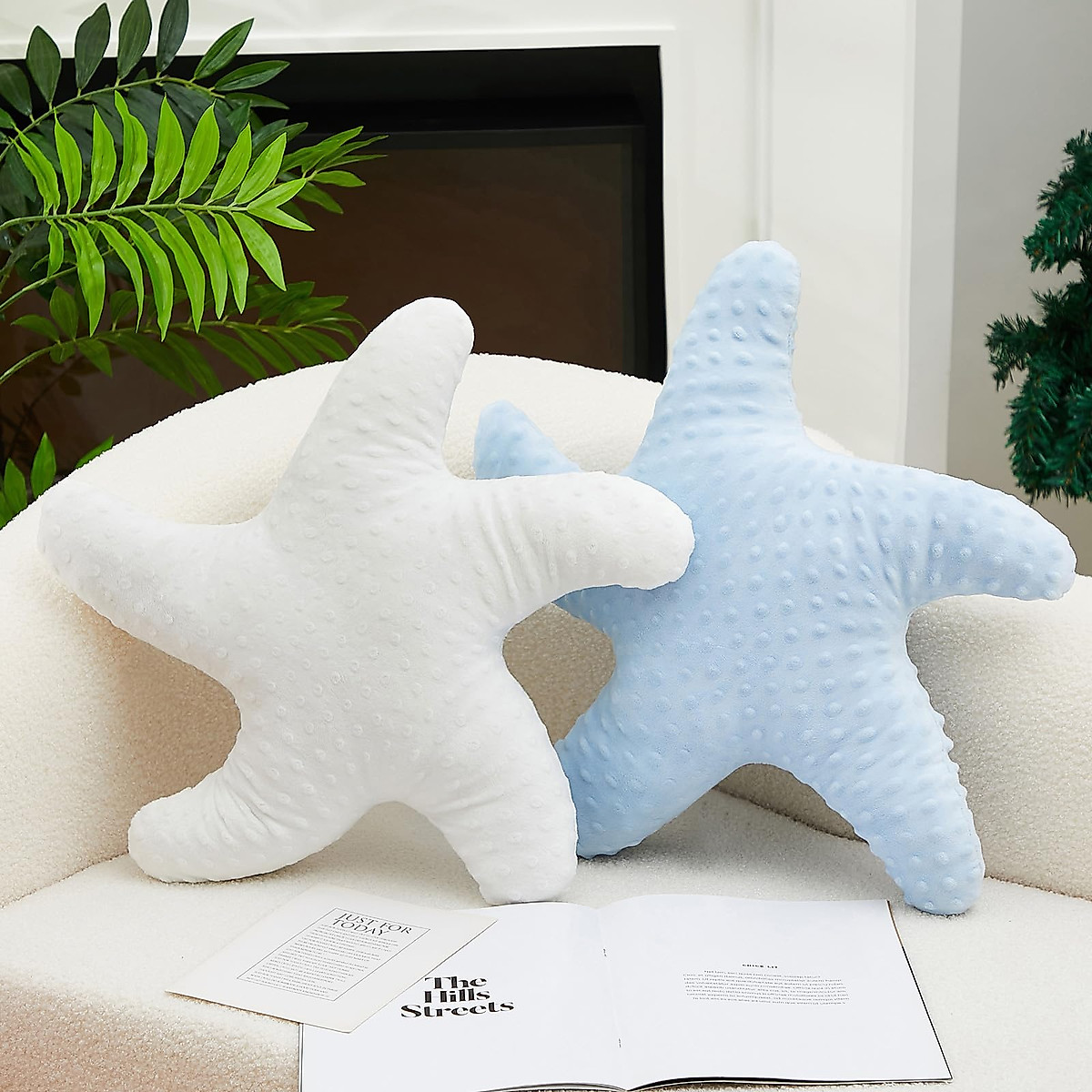 2 Pcs Starfish Pillow Cute Beach Pillow 20'' Star Fish Shaped Throw Pillows Plush Beach Room Decor Decorative Ocean Star Stuffed Toy Animal Plush Cushion for Bedroom Living Room (White,Blue)