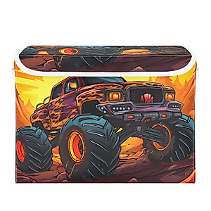 Vnurnrn Monster Truck Sports Storage Cube with Lid Collapsible, Large Capacity Foldable Storage Basket Bin Organizer 16.5×12.6×11.8 IN