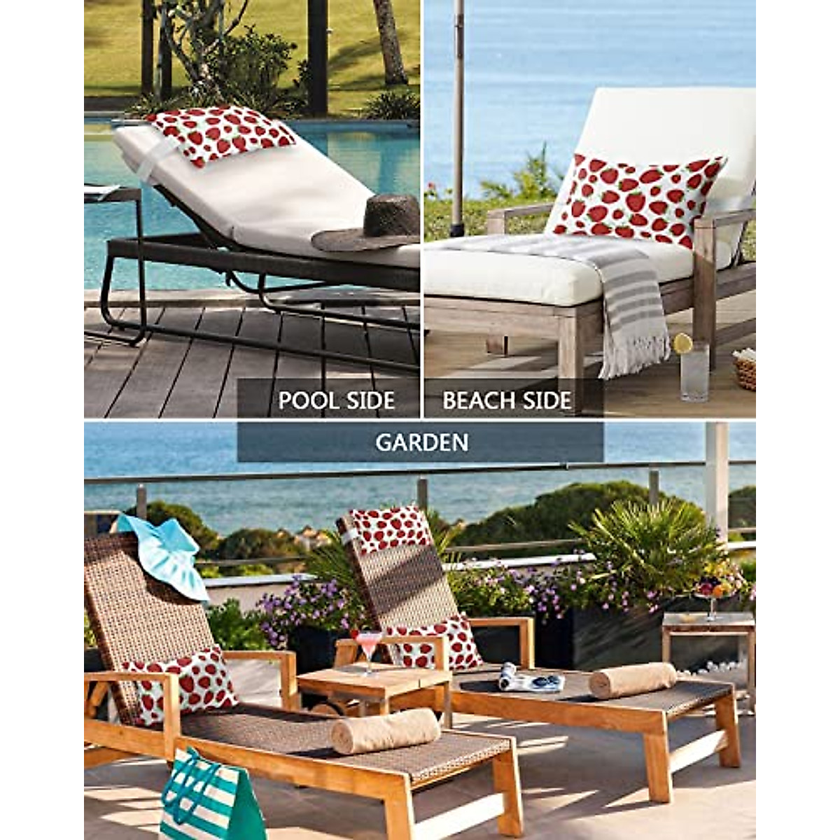 Recliner Head Pillow Ledge Loungers Chair Pillows with Insert Strawberry Pattern Lumbar Pillow with Adjustable Strap Outdoor Waterproof Patio Pillows for Couch Beach Pool Office Chair, 2 PCS