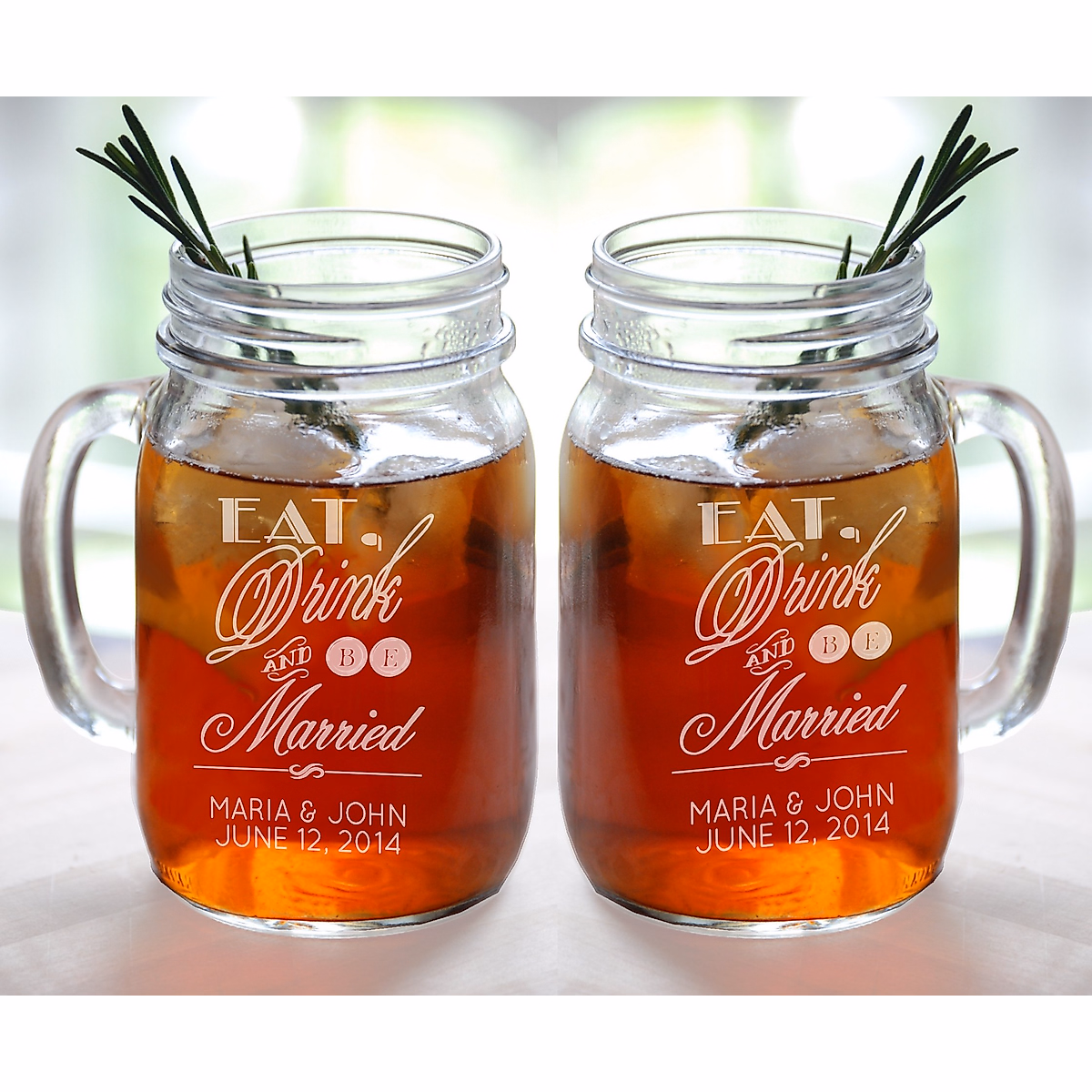 Eat Drink and Be Married Set of 2 Personalized Mason Jars Drinking Mugs with Handle Mr and Mrs Name Date Wedding, Engagement Party Gift Favor Newlyweds His and Hers Couple Gift Idea Barn Theme (16 Oz)