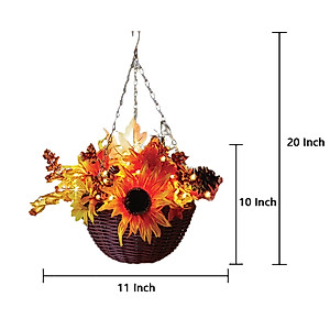 ELFENGARDEN Sunflower Hanging Basket Decorative Indoor Outdoor - Basket with Artificial Daisy Hanging Plant for Living Room Home Office Garden - 10 LEDs Light Up Autumn Flower Hanging Basket