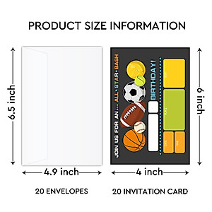 25 All Star Sport Birthday Party Invitations Cards with Envelopes, Basketball Baseball Football Party Invitations, Birthday Celebration Supplies, Double-sided Fill-in bday Invites for Boys Girls- A01