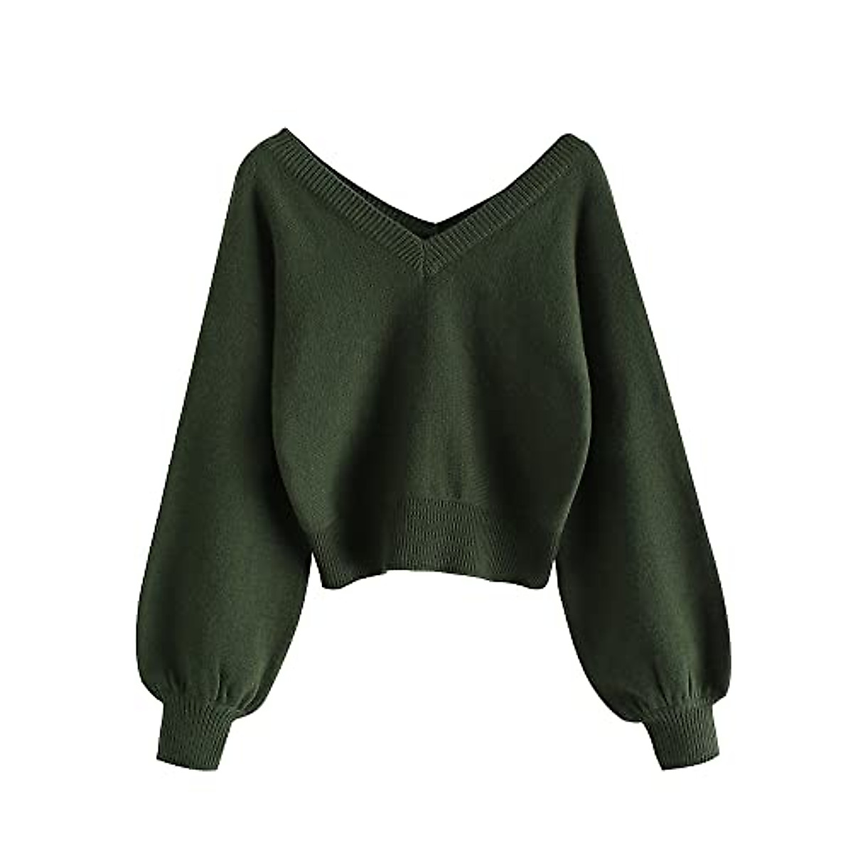 ZAFUL Women's Cropped Sweater V-Neck Long Sleeve Crop Sweater Pullover Jumper Knit Top (1-Green, M)