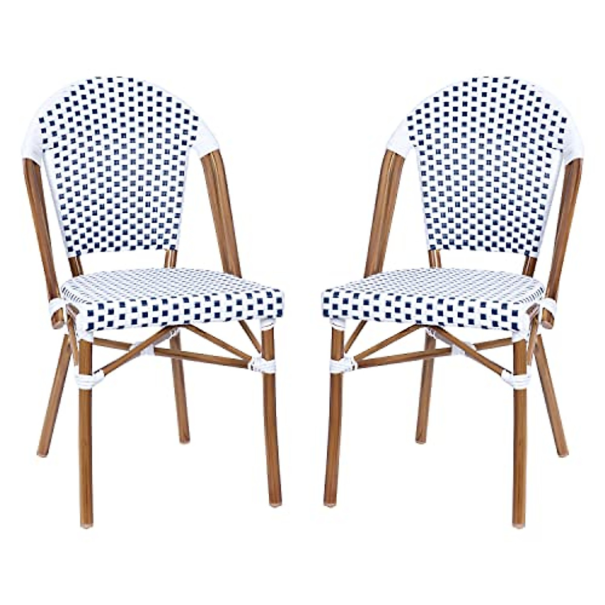 Flash Furniture Lourdes Set of 2 Indoor/Outdoor Commercial Bistro Stack Chairs - White/Gray PE Rattan Back and Seat - Natural Bamboo Print Aluminum Frame