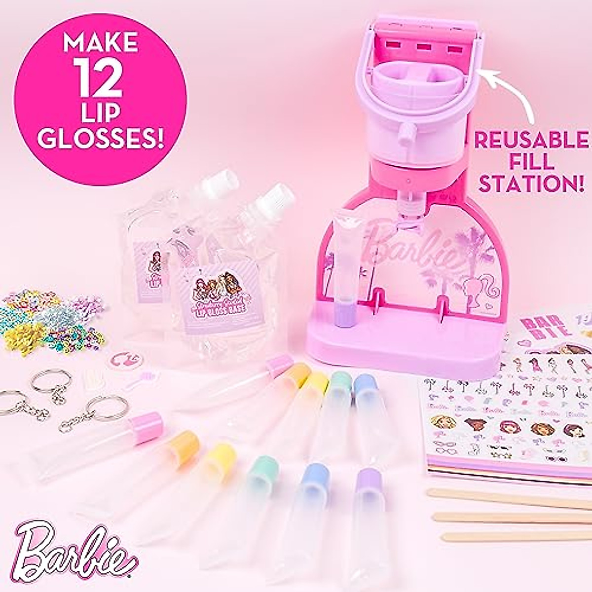 Barbie Sweet Shop Lip Gloss Making Kit, Makes 12 Accessories, Lip Glosses & Keychains, Arts and Crafts kit for Kids Ages 6+, Gifts for 6 Year Old Girl