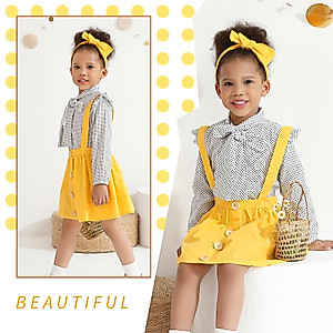 YOUNGER TREE Toddler Girl Outfits 1-4 T Long Sleeve Shirt Overall Skirt Headband Set School Uniform Dress (Polka Dot Blouse + Yellow Suspender Skirt Headband 3PC Set, 4T)