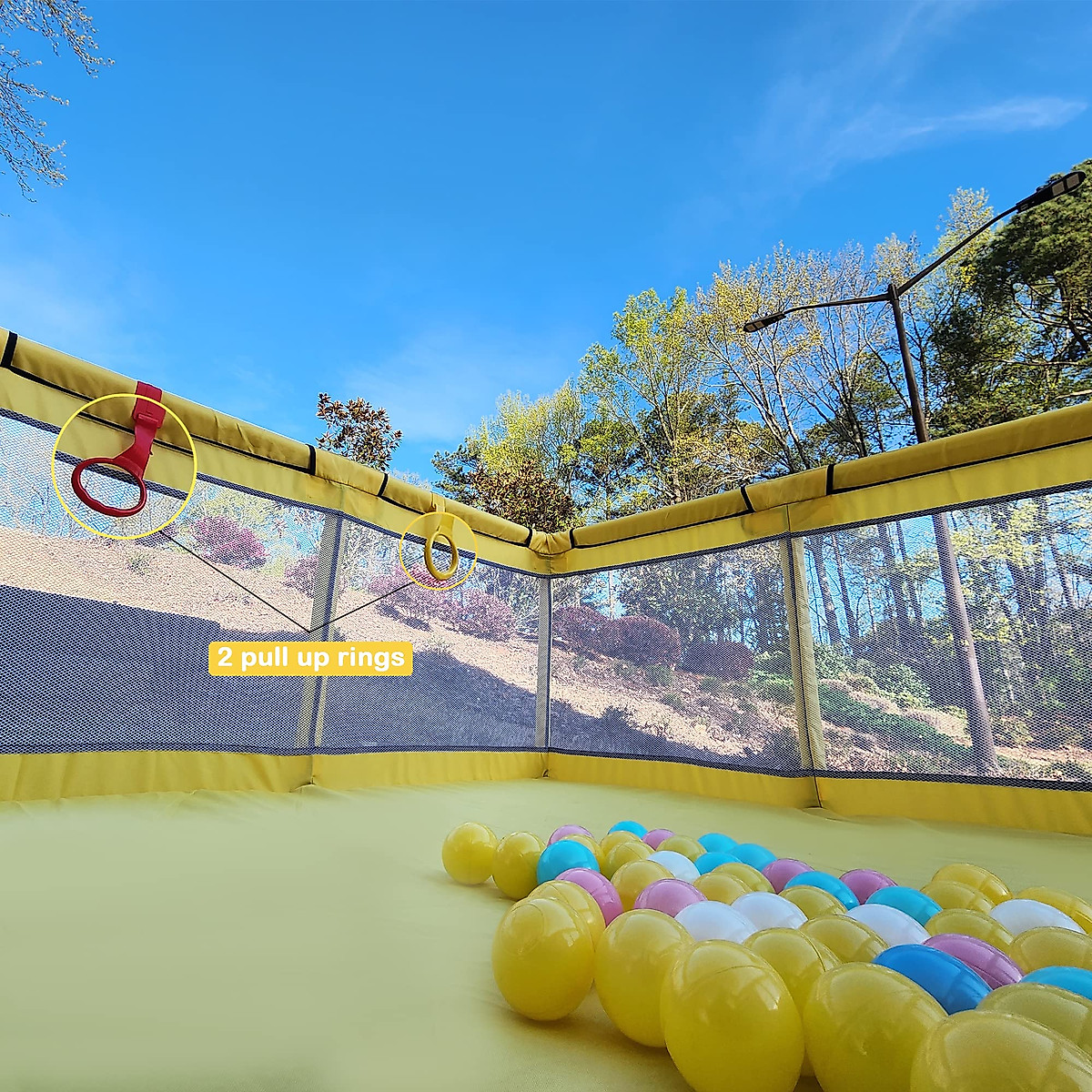 B22 Playpen 51”x51” + 2pull Rings+ 50pcs Ocean Balls+ 1sports Basket Loop; Playpen for Babies, Toddlers, Kid. Large Playpen for Toddlers, Sturdy, Safe, Portable Play Yard Indoor & Outdoor, Yellow