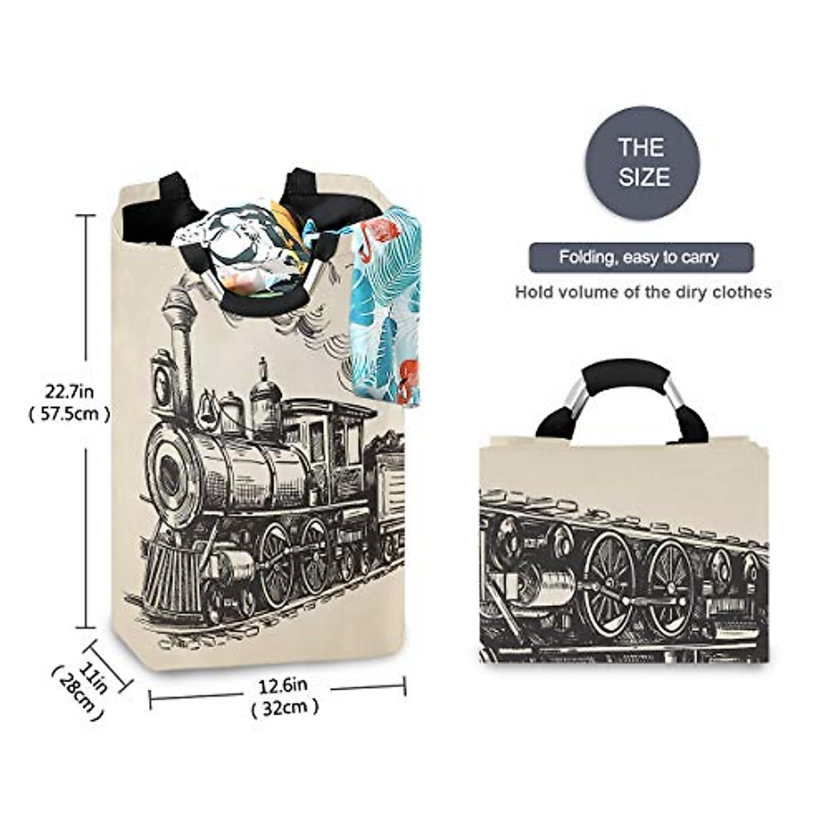 AUUXVA Laundry Basket Vintage Steam Locomotive Train Laundry Hamper with Handles Large Storage Clothes Toys Collapsible Laundry Bag for Bathroom Office Bedroom