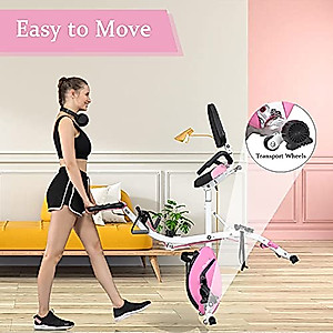 PLENY Folding Exercise Stationary Bike Workout, 3-In-1 Folding Indoor Cycling Exercise Bike, Magnetic Upright Workout Bike with Arm Exercise Resistance Bands and Ankle Strap for Home Gym