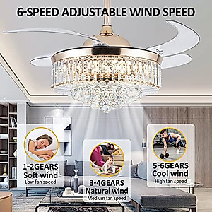 42''Reversible Chandelier Crystal Ceiling Fan with Lights, Stepless Dimming Modern Ceiling Fan Remote Control Retractable Invisible Blades, 6 Speeds Indoor Fandelier Kits for Living Room Bedroom
