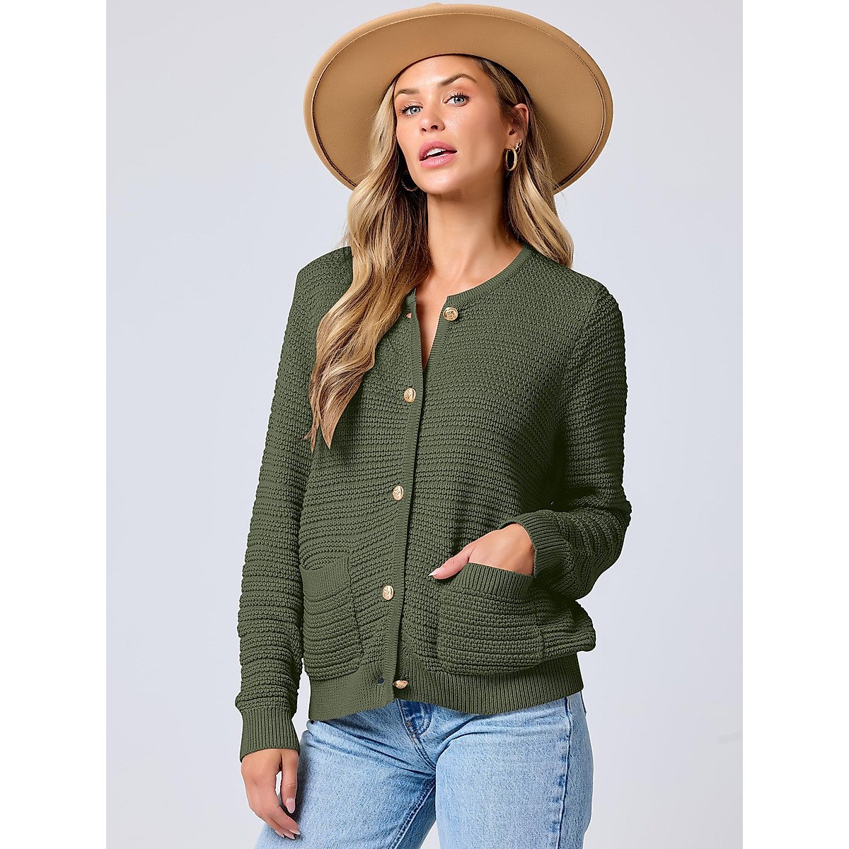ANRABESS Women's Tweed Knit Cardigan Sweater Casual Long Sleeve Cropped Button Down Lady Jackets 2025 Spring Fashion Outwear Army Green Medium