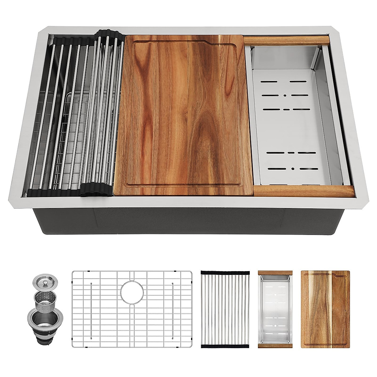 Couoko 27 inch Undermount Workstation Kitchen Sink 27x19 Stainless Steel 16 Gauge Undermount Sink Deep Single Bowl Handmade Under Counter workstation Sink Basin with Cutting Board