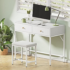 SUPERJARE 35.4" White Desk with 2 Drawers, Modern Makeup Vanity Desk with Padded Stool, Small Computer Desk Home Office Desk for Writing Study Bedroom
