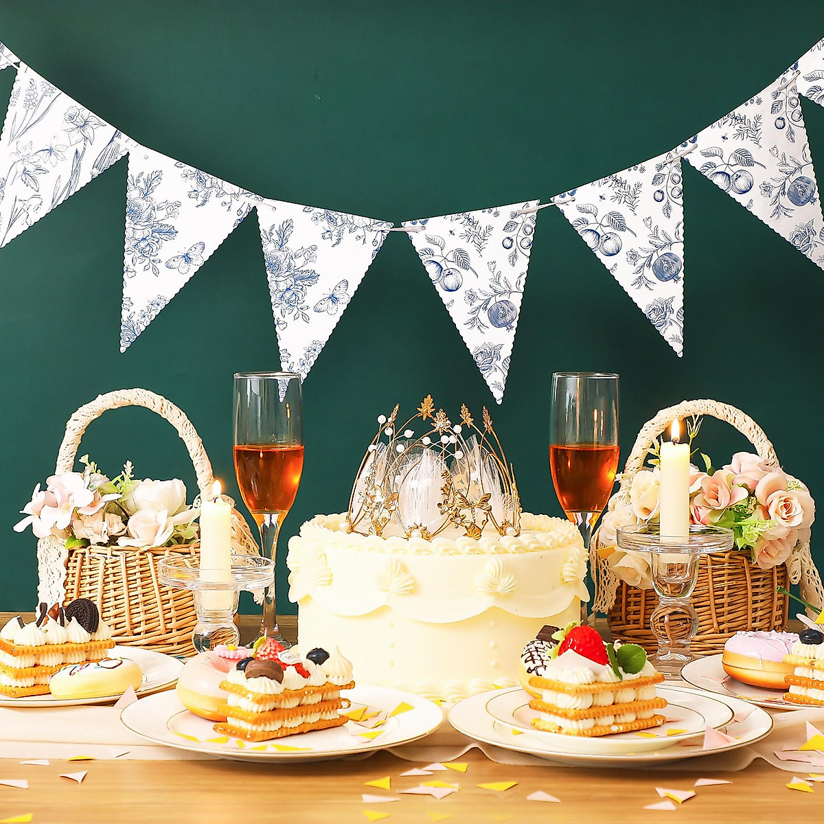 5 Pieces Blue White Vintage Floral Paper Pennant Garland Wedding Garland Triangle Banner for Wedding Bridal Shower Outdoor Decoration