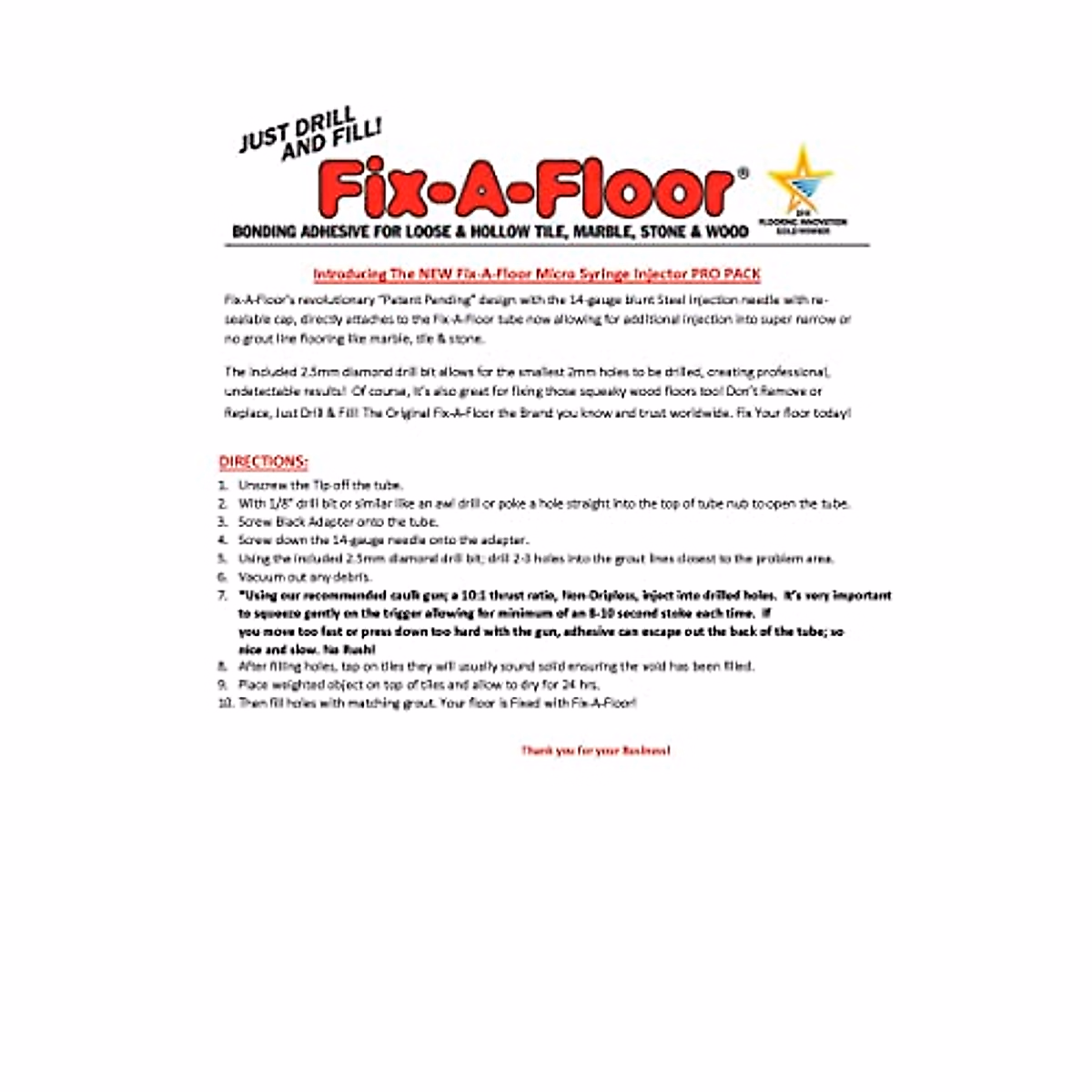 The Original Award Winning Fix-A-Floor Micro Syringe Adapter Pro Pack (6) For Loose & Hollow Flooring Repair. The Micro Syringe Injector should only be used in grout lines less than 1/8”