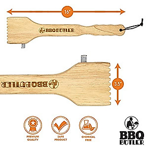 BBQ Butler Wood Grill Scraper - Wooden Barbecue Cleaner - BBQ Tools - Bristle Free - Food Safe Oak Grill Scraper with Metal Scraping Hook and Bottle Opener
