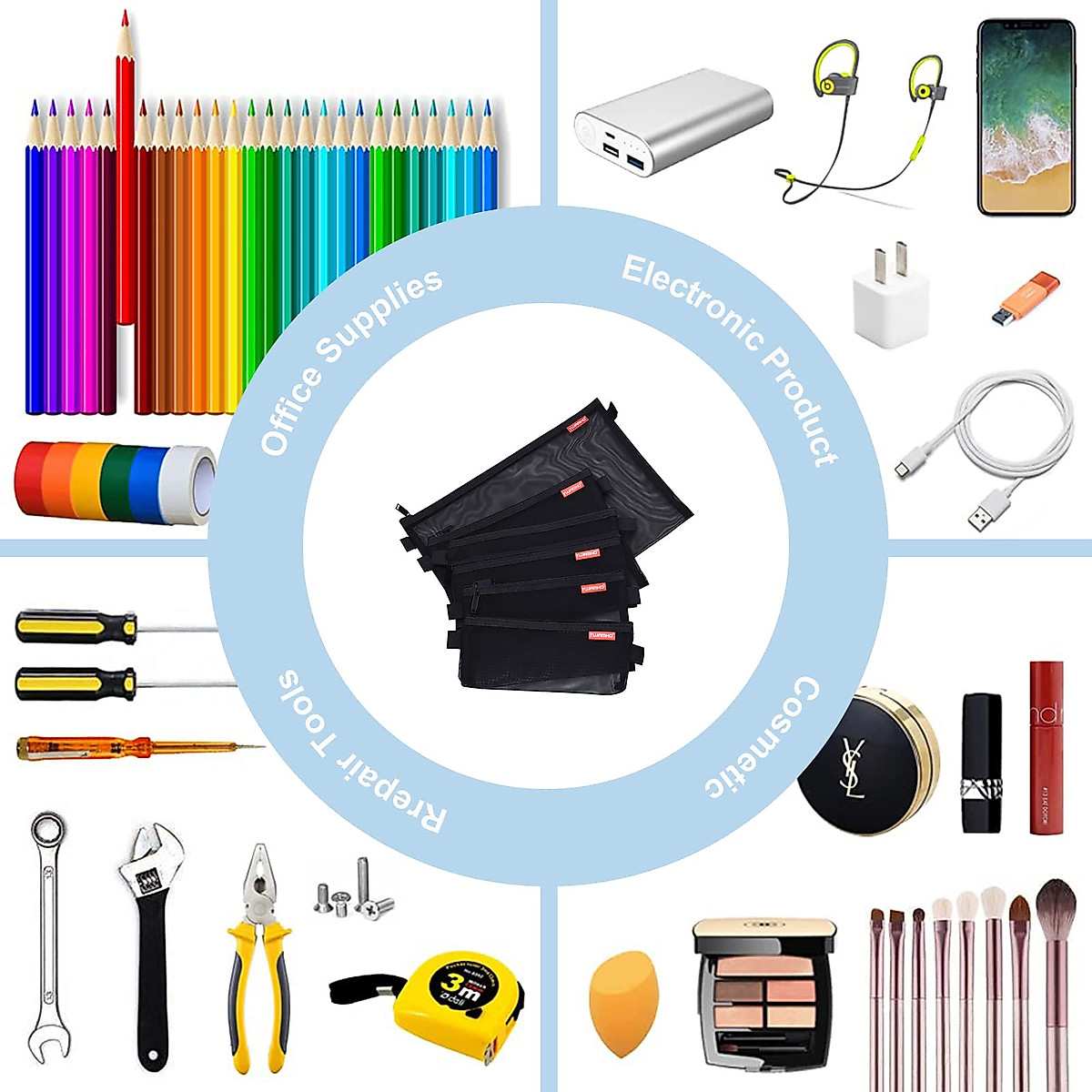 Pendancy Mesh Zipper Pouch 5pcs Lightweight Nylon File Folders Document Organizer Cosmetic Bags Accessories Storage for Travel and Office Supplies (Black, A4 A5 A6)