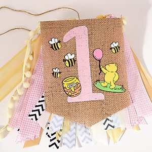 Pink Bear High Chair Banner For 1st Birthday - Sweet Bee Theme Baby Shower, Birthday Girl High Chair Decor, Winnie The Pooh High Chair Banner, First Bee Birthday Party Decorations, Winnie One High Chair Banner, Little Bear Banner For Girls Photo Props, Pi