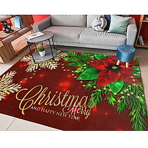 ALAZA Christmas Poinsettia Snowflakes Flower Non Slip Area Rug 5' x 7' for Living Dinning Room Bedroom Kitchen Hallway Office Modern Home Decorative