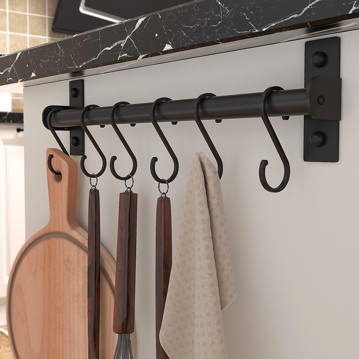 Dseap Kitchen Utensil Holder Hanger, Pot and Pan Rack wall mounted, Kitchen Rail with 8 Hooks for Hanging Cooking Utensils, Mugs, Spoons, Wall Mounted, Black, Pack of 2