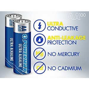 Powermax 100-Count AA Batteries, Ultra Long Lasting Alkaline Battery, 10-Year Shelf Life, Reclosable Packaging