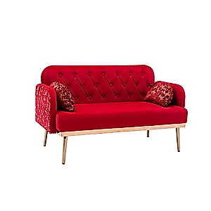 55" Small Velvet Couch with Elegant Moon Shape Pillows, Twin Size Loveseat Accent Sofa with Golden Metal Legs, Living Room Sofa with Tufted Backrest, 600 Pounds Weight Capacity (Red)