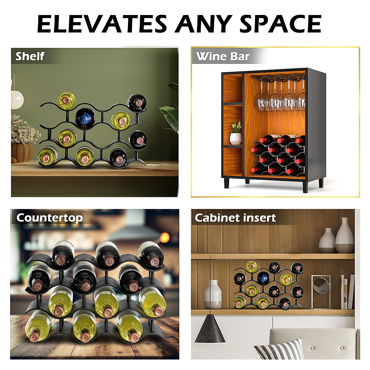 Bariboo Wave Wine Bottle Holder - Wine Rack Inserts for Cabinet That Fits 12 Bottles, Premium Plastic Countertop Wine Rack (Black, L)