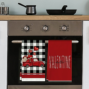 AnyDesign Valentine's Day Kitchen Towel 18 x 28 Love Truck Hearts Dish Towel Buffalo Plaid Hand Drying Towel Red Tea Towel for Wedding Anniversary Cooking Baking, Set of 2