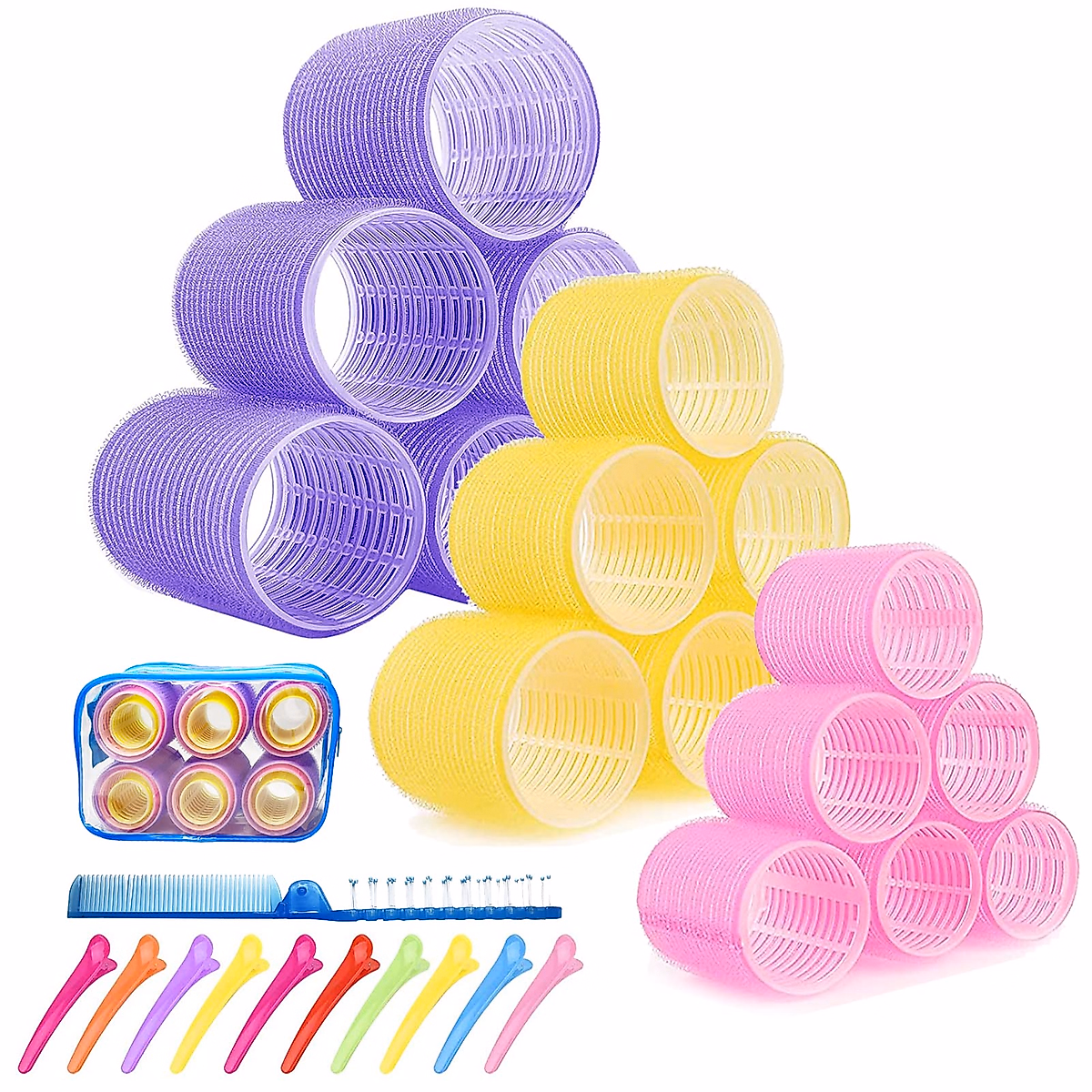 ROPIKIS Large Hair Rollers Set | Self-Grip Rollers for Volume and Blowout Look | Heatless Curlers for Medium to Long Hair, 31pcs 3 Sizes with Clips & Comb, Travel Pack