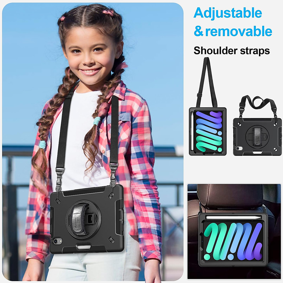 Case for iPad Mini 6 2021: Military Grade Shockproof TPU Protective Cover for Kids iPad Mini 6th Generation 8.3 Inch with Screen Protector- Stand + Handle + Shoulder Strap + Pencil Holder- Black