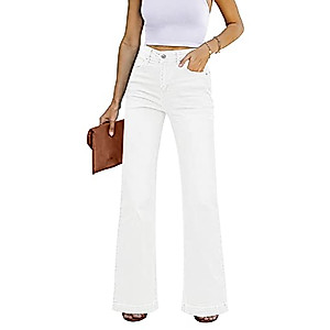 GRAPENT Womens Plus Size Jeans for Women Stretch High Waisted Flare Jeans Ripped Jeans Womens Stretch Jeans 70s Outfits for Womens Jeans Size 12 Wide Leg Pants for Women Color Brilliant White Size 14