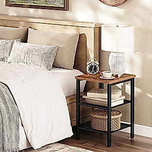 HOOBRO End Table, Nightstands Set of 2, 3-Tier Side Table with Mesh Shelves, Industrial End Table for Small Space in Living Room, Bedroom and Balcony, Stable Metal Frame, Rustic Brown BF21BZP201